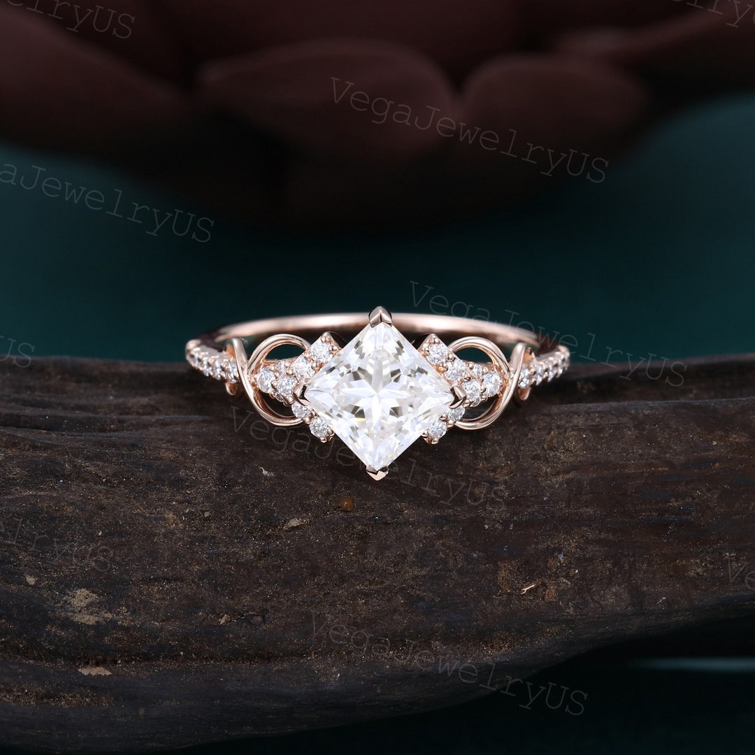 Princess Cut Lab Diamond Engagement Ring Unique Rose Gold Delicate ...