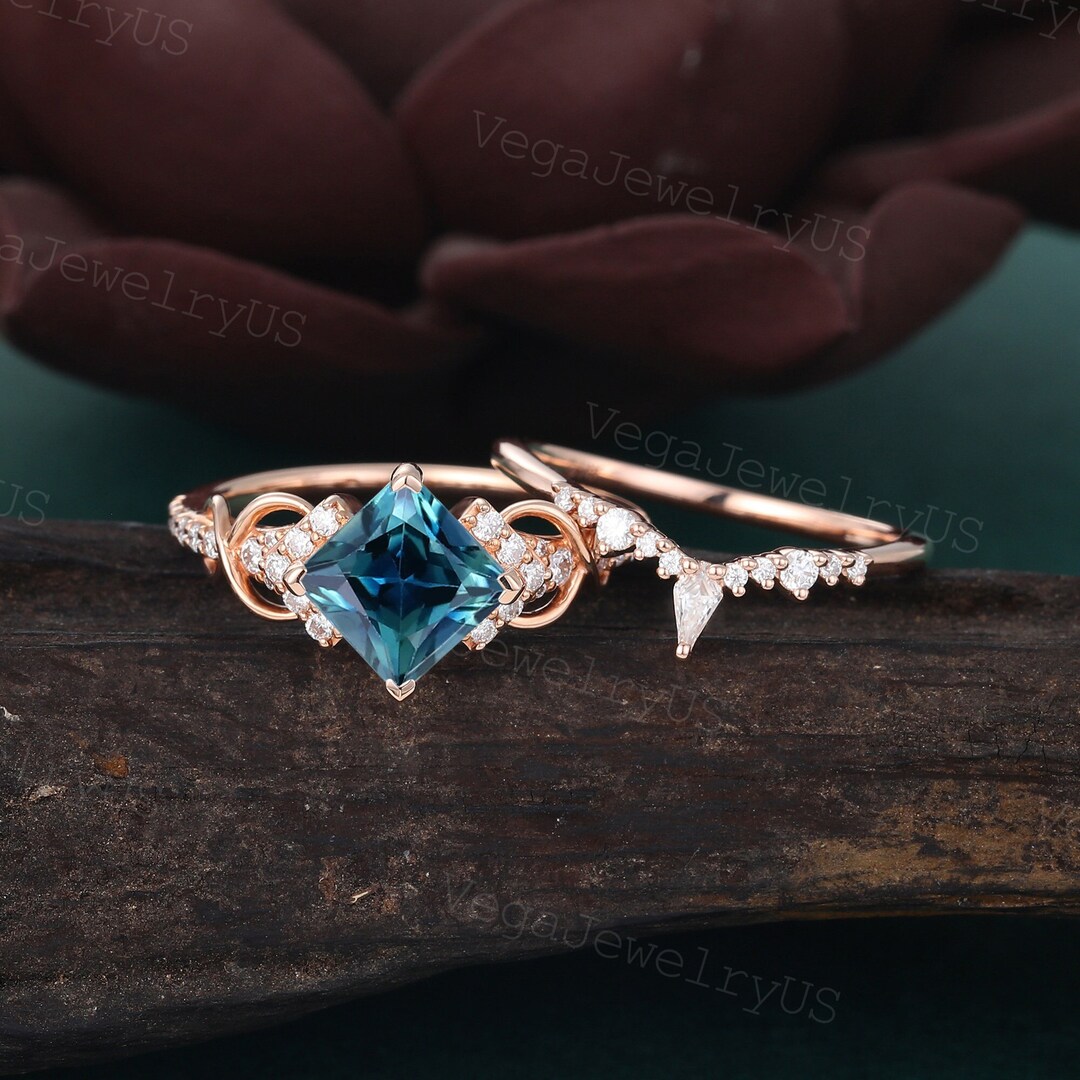 Princess Cut Blue Green Sapphire Engagement Ring Set Unique Rose Gold ...