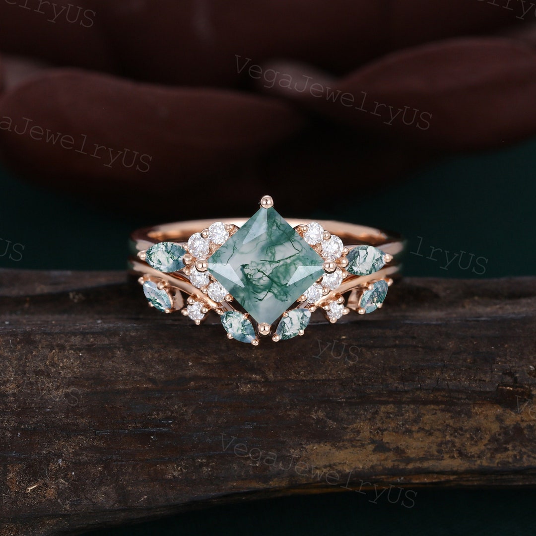 Princess Cut Moss Agate Engagement Ring Set Vintage Rose Gold Open ...