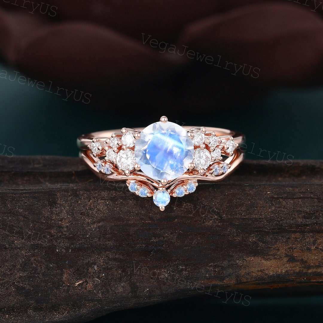 Round Moonstone Engagement Ring Set Vintage Rose Gold Engagement Ring ...