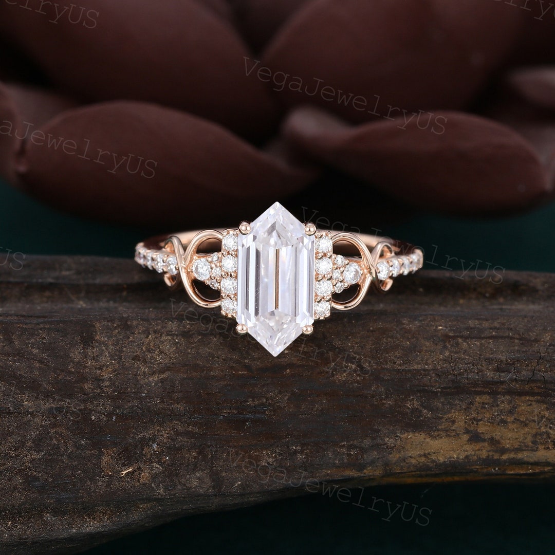 Long Hexagon Lab Diamond Engagement Ring Unique Rose Gold Diamond Ring ...