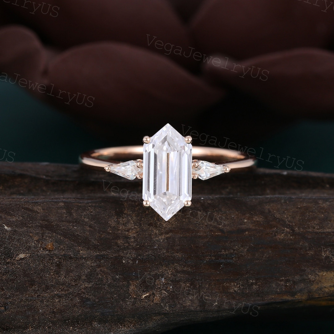 Long Hexagon Lab Diamond Engagement Ring Unique Rose Gold Engagement ...