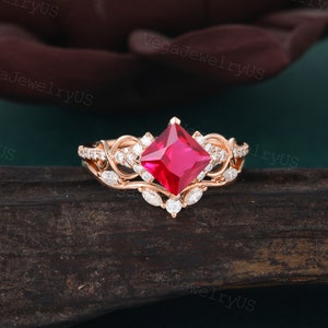 Princess Cut Ruby Engagement Ring Set Unique Rose Gold Moissanite Ring ...