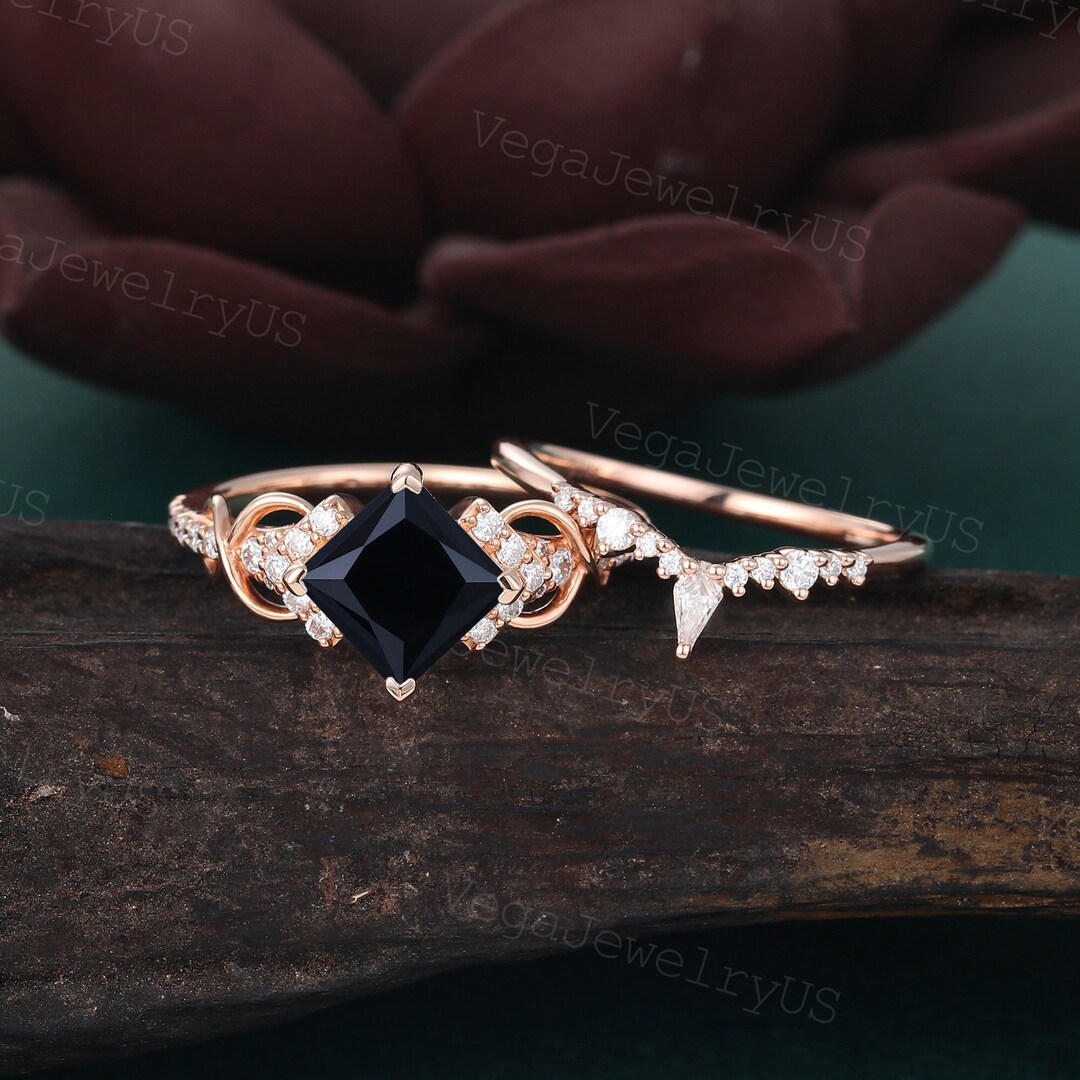 Princess Cut Black Onyx Engagement Ring Set Rose Gold Kite Shaped ...
