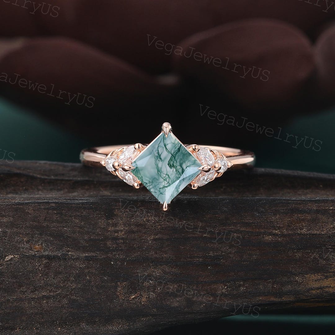 Princess Cut Natural Green Moss Agate Engagement Ring Vintage Rose Gold ...