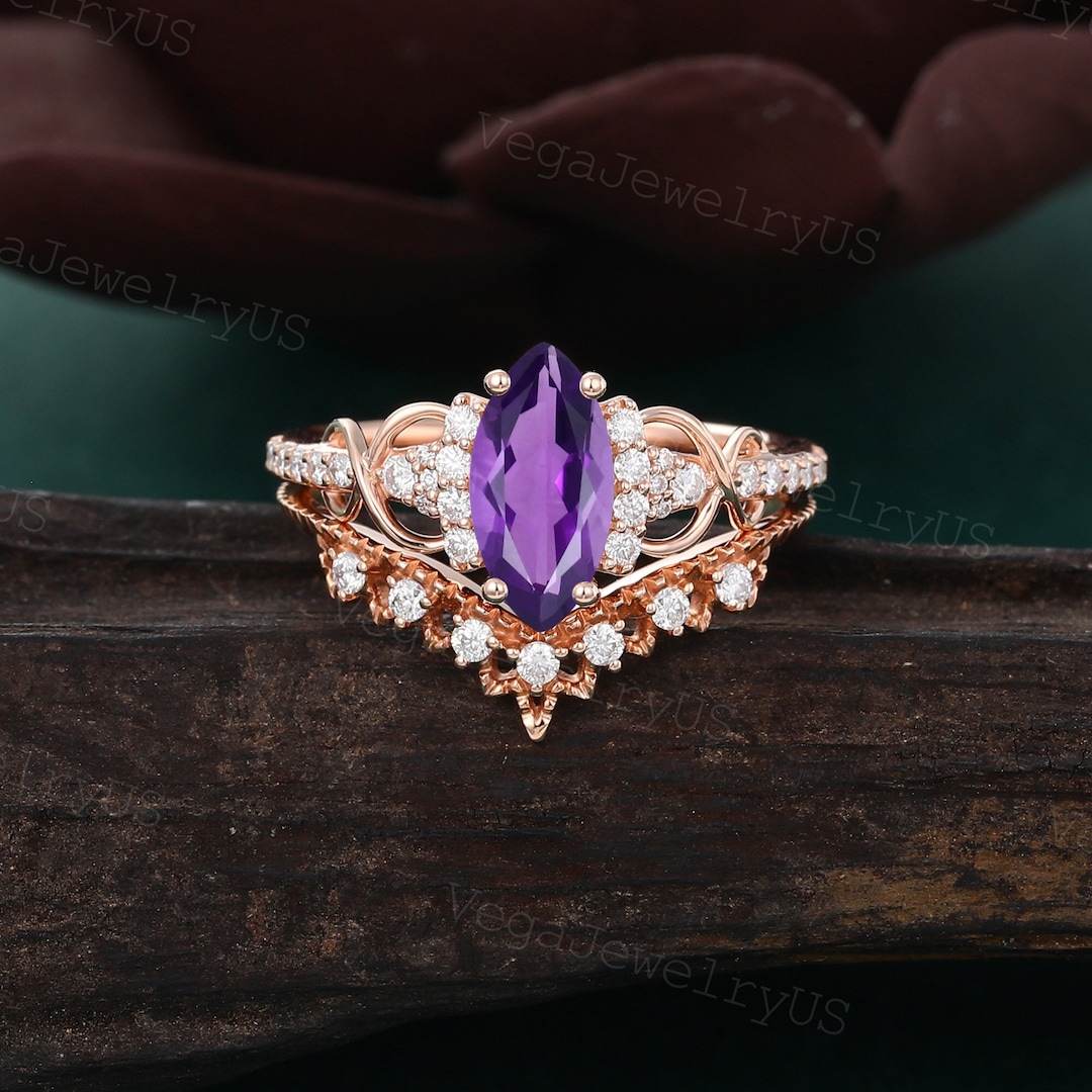 Marquise Cut Amethyst Engagement Ring Set Unique Rose Gold Moissanite Diamond Ring Set Hollow ...