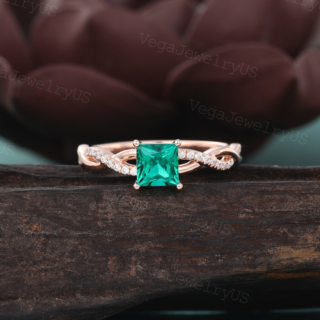Princess Cut Emerald Engagement Ring Unique Rose Gold Moissanite Ring ...