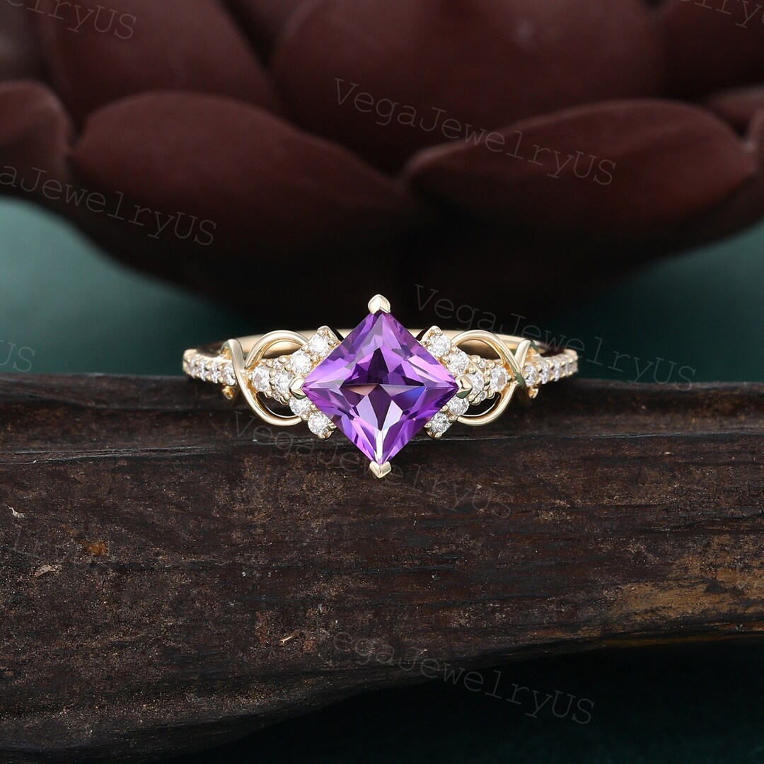 Princess Cut Amethyst Engagement Ring Yellow Gold Moissanite Ring ...