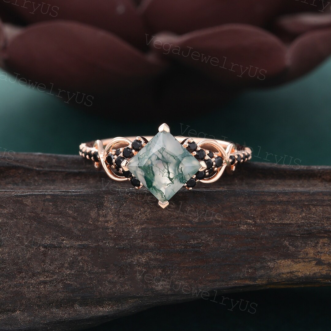 Princess Cut Moss Agate Engagement Ring Unique Rose Gold Black Onyx ...