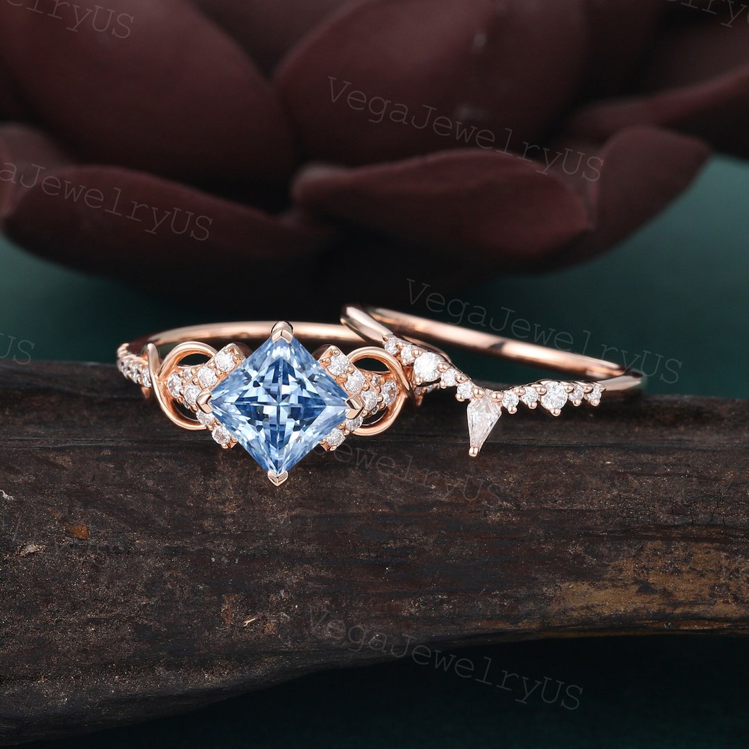 Princess Cut Gray Blue Moissanite Ring Set Unique Rose Gold Engagement ...