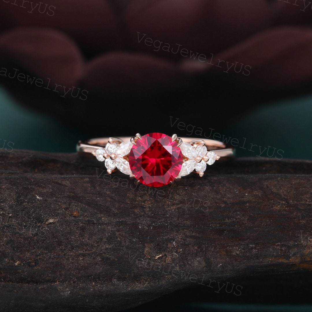 Vintage Ruby Engagement Ring Rose Gold Moissanite Ring Unique Marquise ...