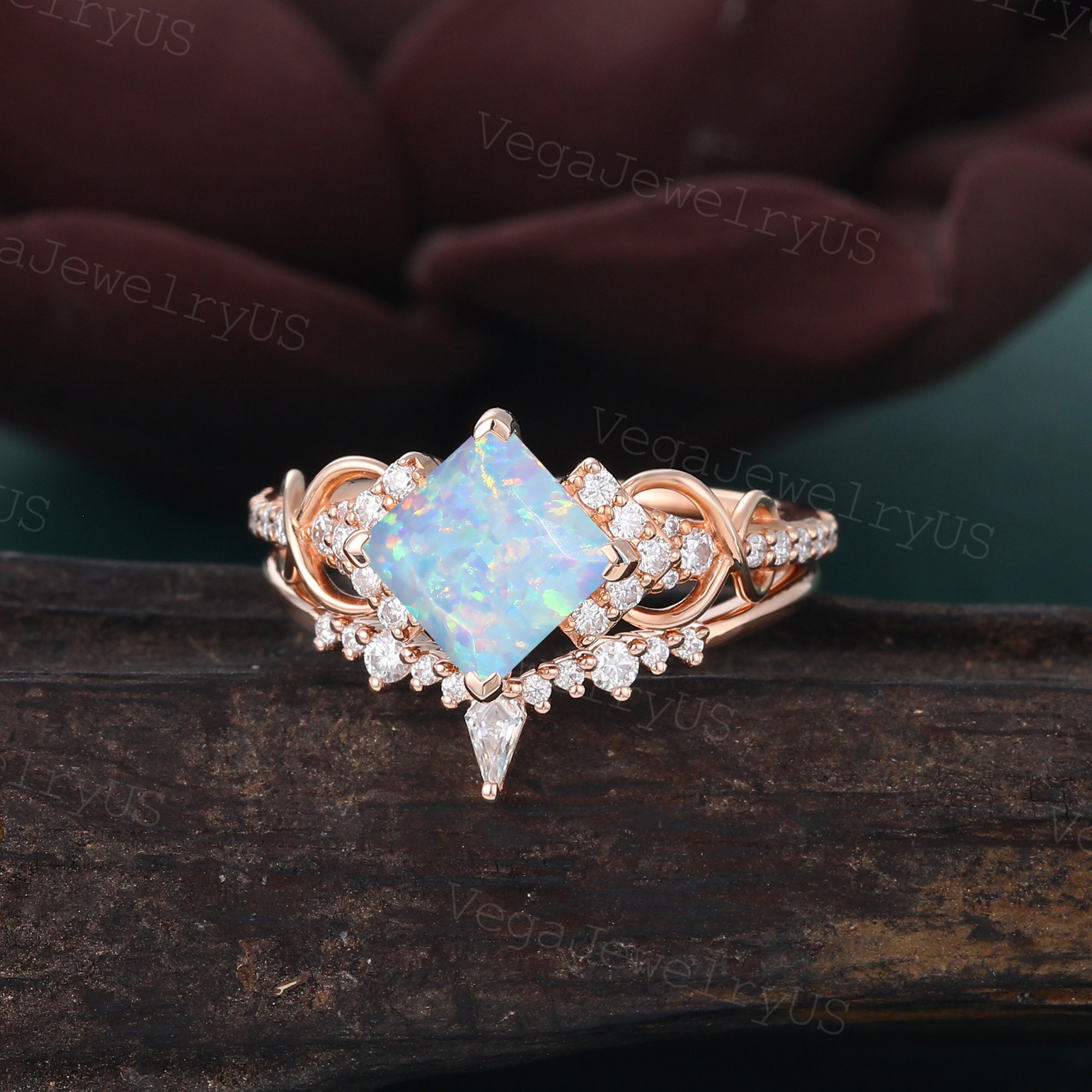 Princess Cut Opal Ring Set Unique Rose Gold Engagement Ring - Etsy