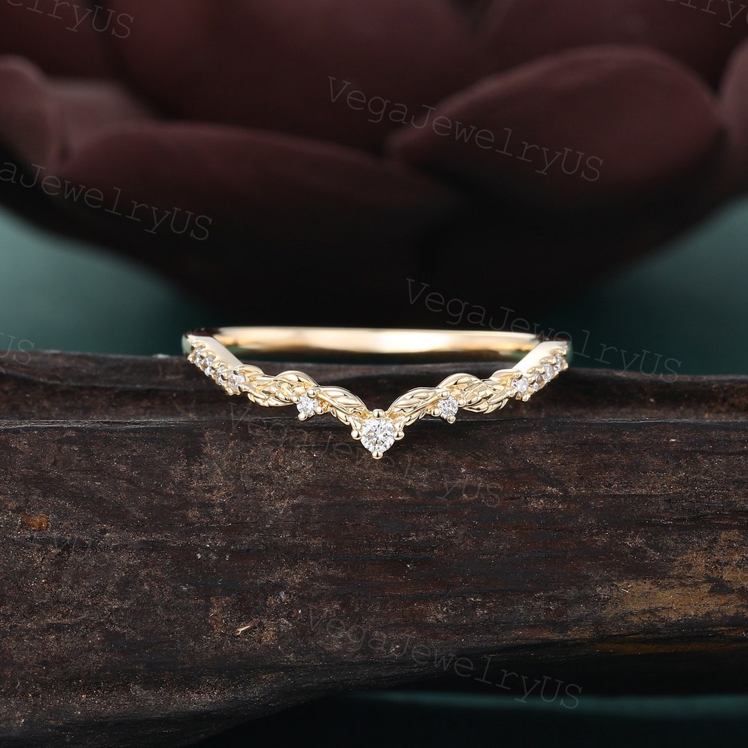 Unique Moissanite Curved Wedding Band Yellow Gold Wedding Band Art Deco Leaf Diamond Ring ...