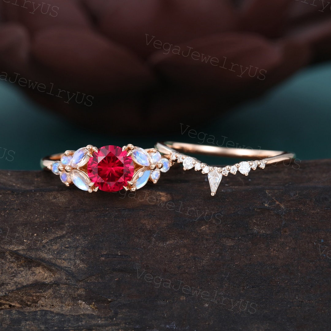 Vintage Lab Ruby Engagement Ring Set Danity Rose Gold Marquise Moonstone Ring Dainty Kite Cut ...