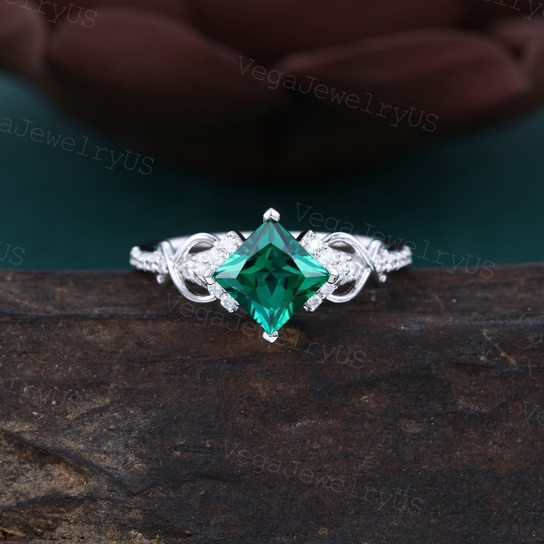 Princess Cut Emerald Engagement Ring White Gold Moissanite Ring Dainty ...
