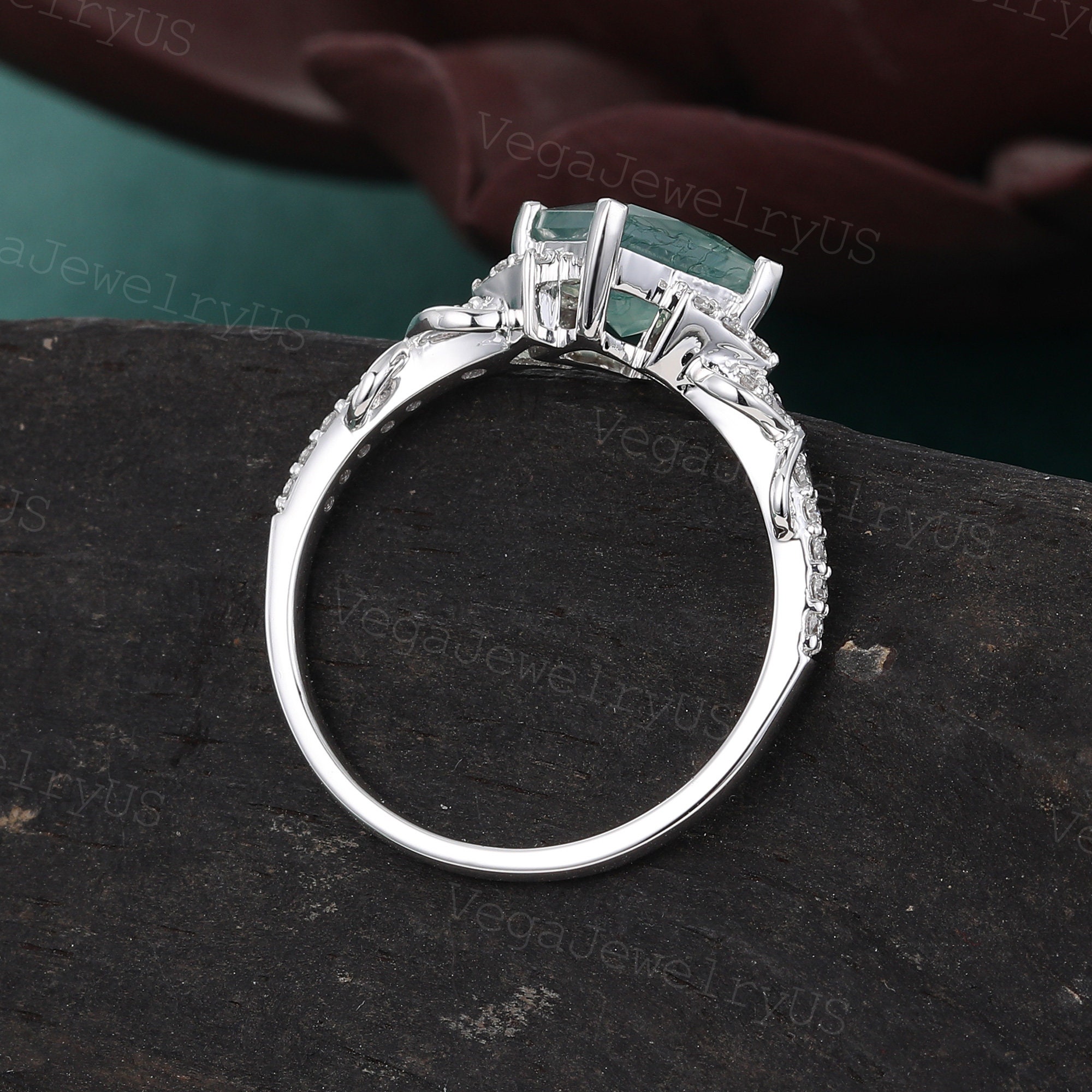 Princess Cut Moss Agate Engagement Ring Unique White Gold Moissanite ...