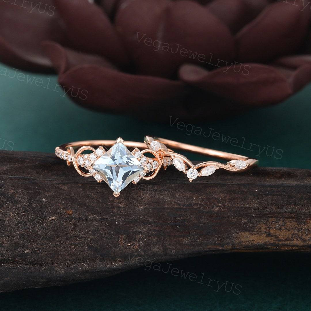 Princess Cut Aquamarine Engagement Ring Set Vintage Rose Gold ...
