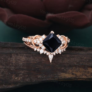 Princess Cut Black Onyx Engagement Ring Set Rose Gold Kite Shaped ...