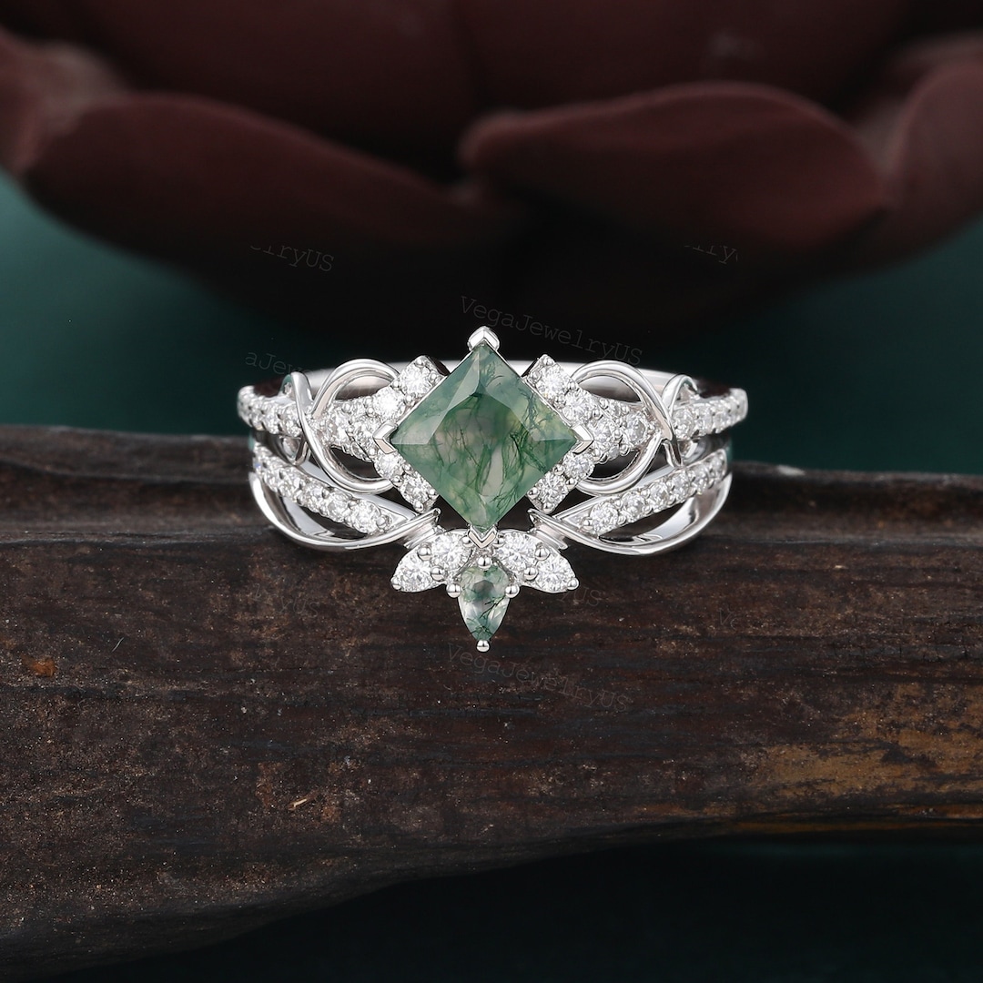 Princess Cut Moss Agate Engagement Ring Set White Gold Pear Moss Agate ...