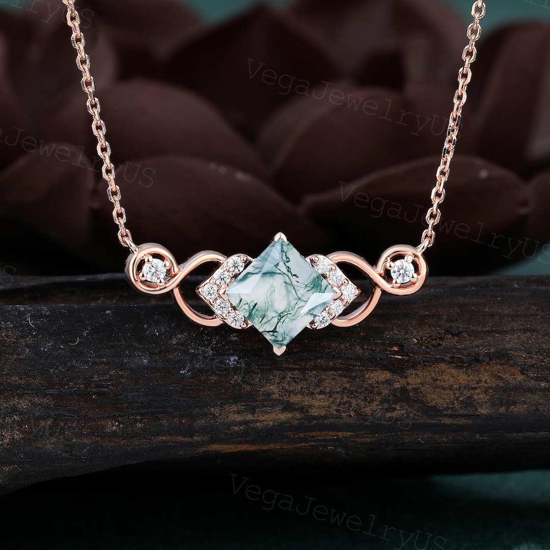 Princess Cut Natural Moss Agate Necklace Vintage 14K/18K Rose Gold ...