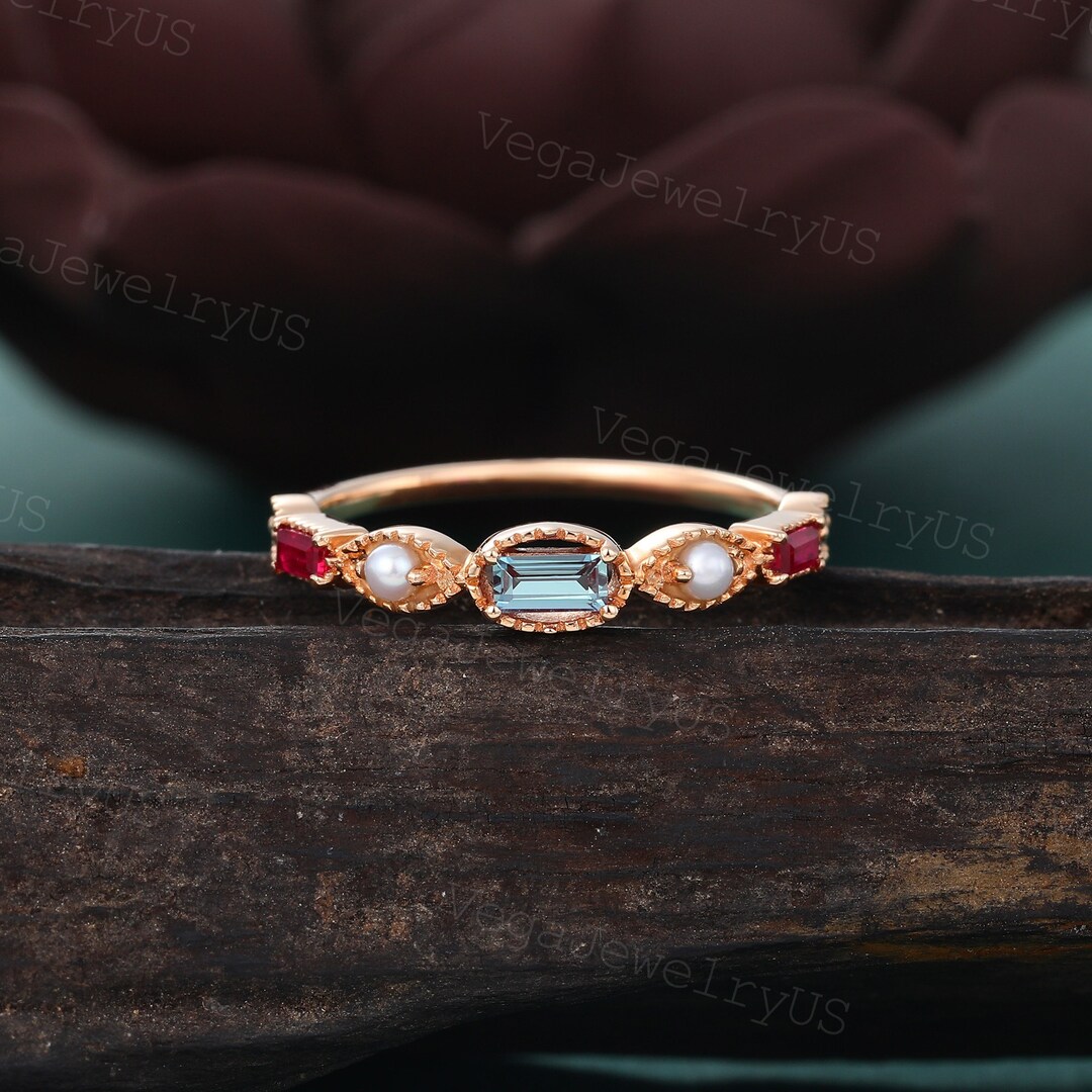 Baguette Cut Alexandrite Wedding Band Vintage Rose Gold Pearl Ruby Wedding Ring Matching ...