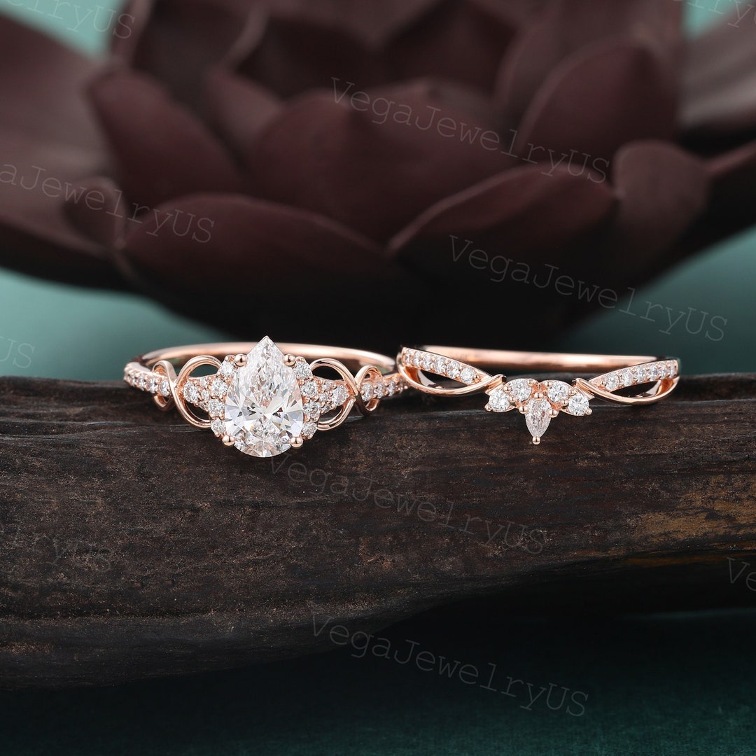 Pear Shaped Lab Diamond Engagement Ring Set Solid Rose Gold Wedding Set ...