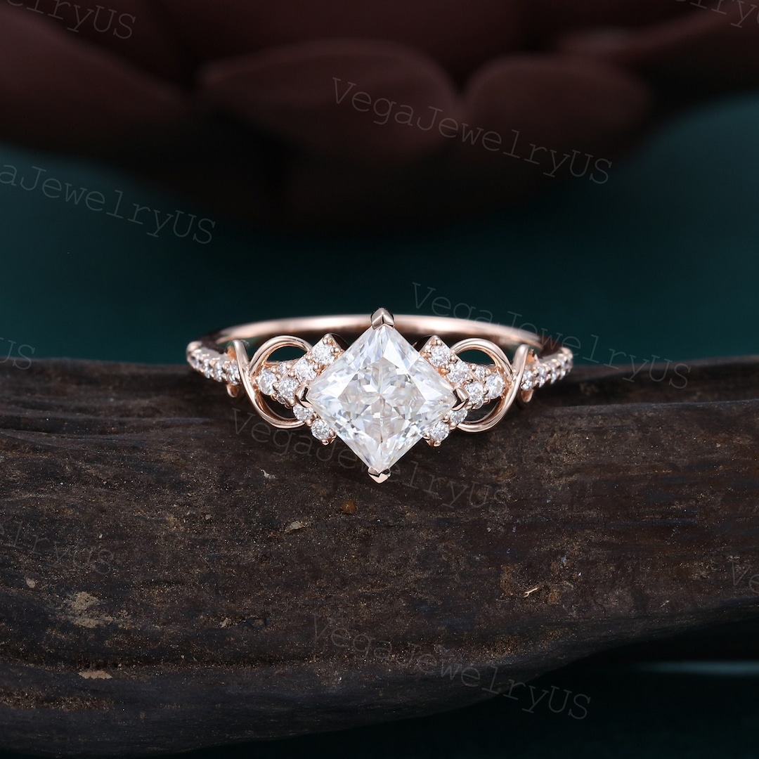 Princess Cut Moissanite Engagement Ring Unique Rose Gold Engagement ...