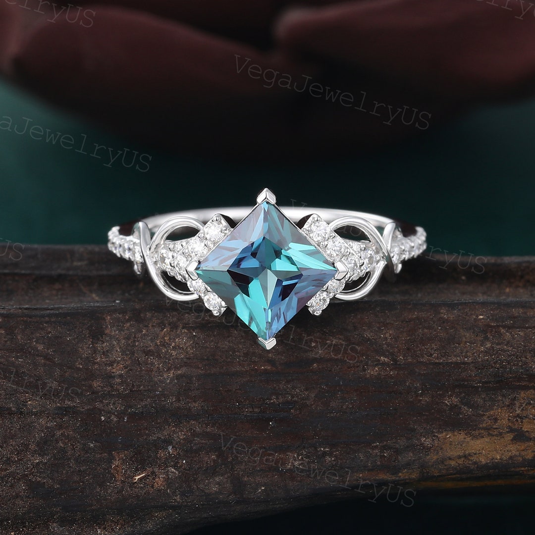 Princess Cut Alexandrite Engagement Ring Unique White Gold Moissanite ...