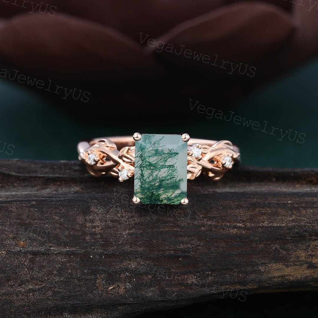 Emerald Cut Moss Agate Engagement Ring Vintage Rose Gold Art Deco ...