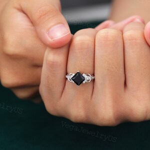 Princess Cut Black Onyx Engagement Ring Unique White Gold Moissanite ...