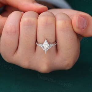 Kite Cut Moissanite Ring Set Unique White Gold Engagement Ring Set Art ...