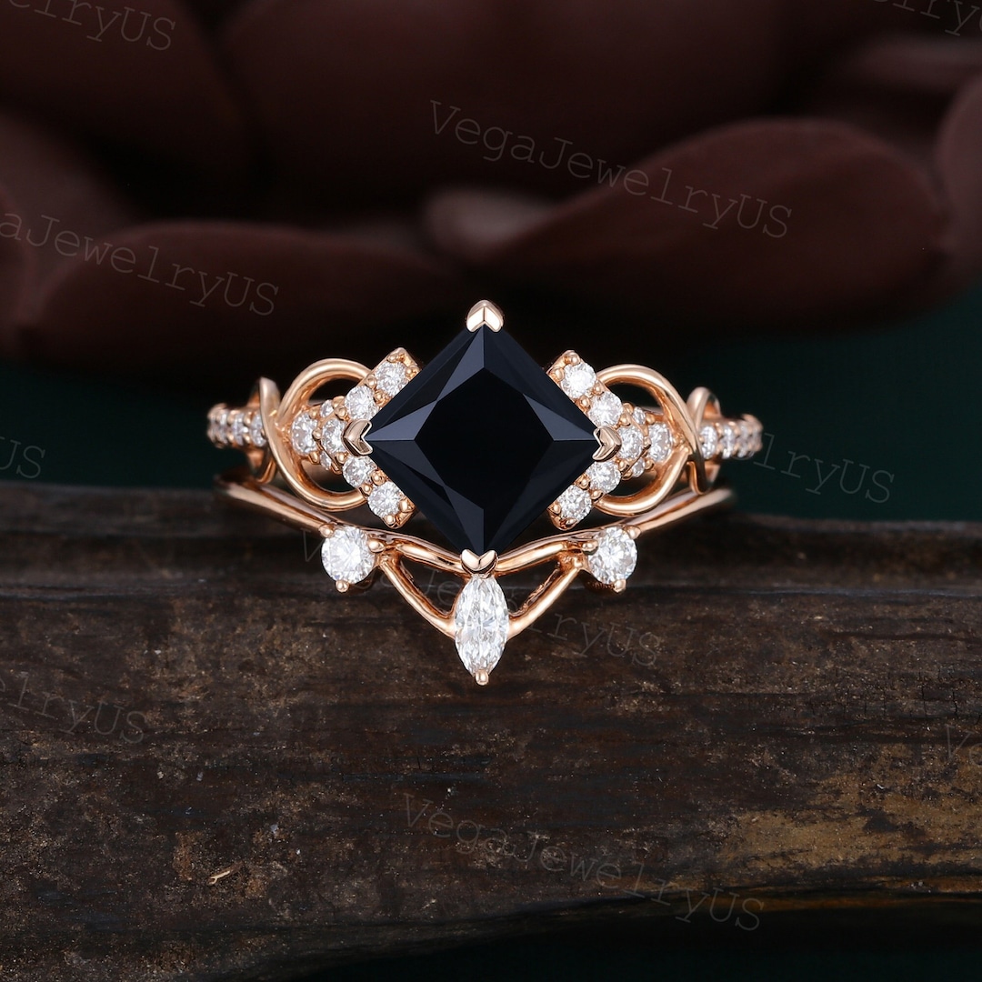 Princess Cut Black Onyx Engagement Ring Set Rose Gold Moissanite Ring ...