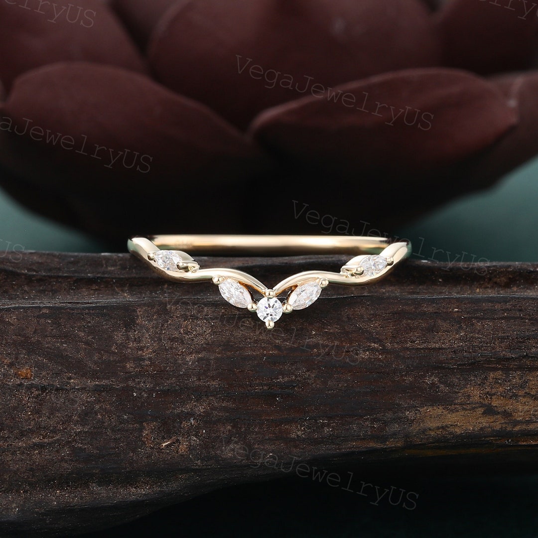 Marquise Curved Wedding Band Yellow Gold Moissanite Wedding Ring Art ...