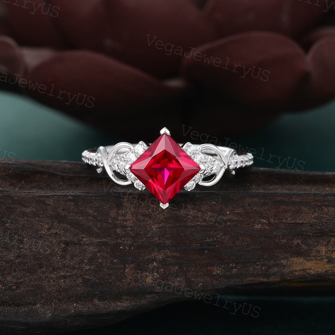 Princess Cut Ruby Engagement Ring Unique White Gold Moissanite Bridal ...