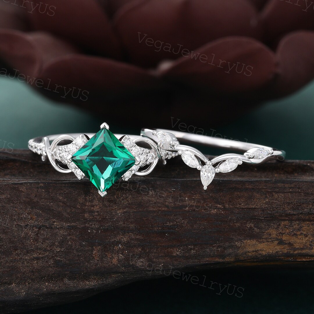 Princess Cut Emerald Engagement Ring Set White Gold Pear Shaped ...