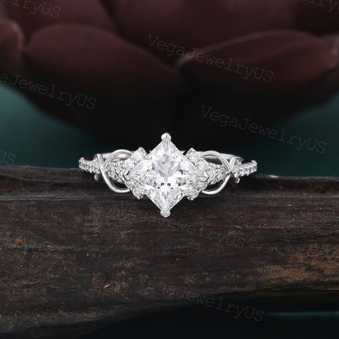 Princess Cut Lab Diamond Engagement Ring Unique White Gold Delicate ...