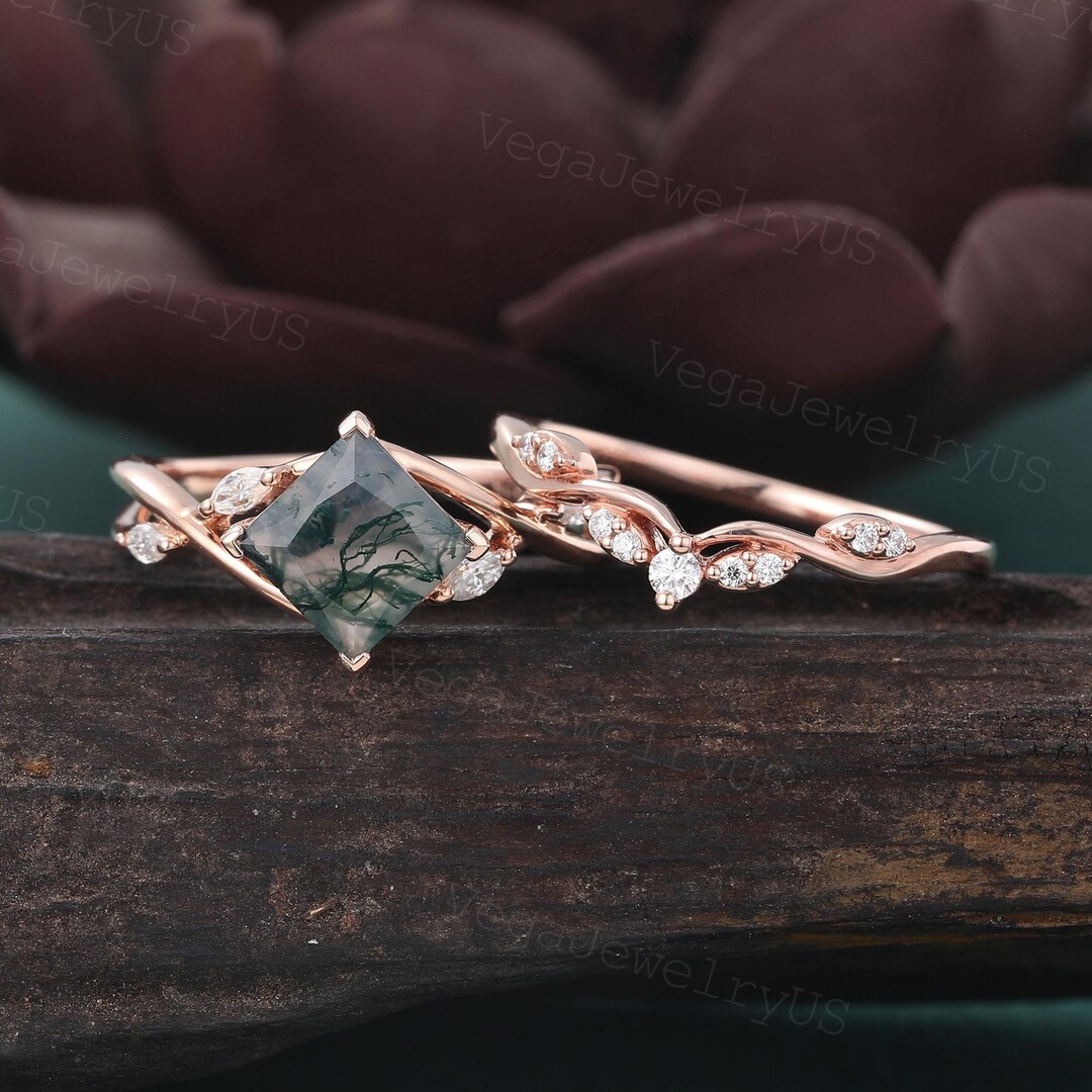 Princess Cut Moss Agate Engagement Ring Set Vintage Rose Gold ...
