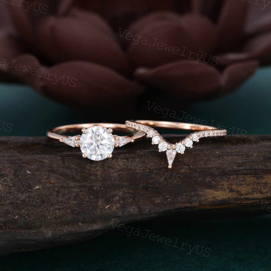 Vintage Moissanite Ring Set Unique Rose Gold Engagement Ring Set Kite ...