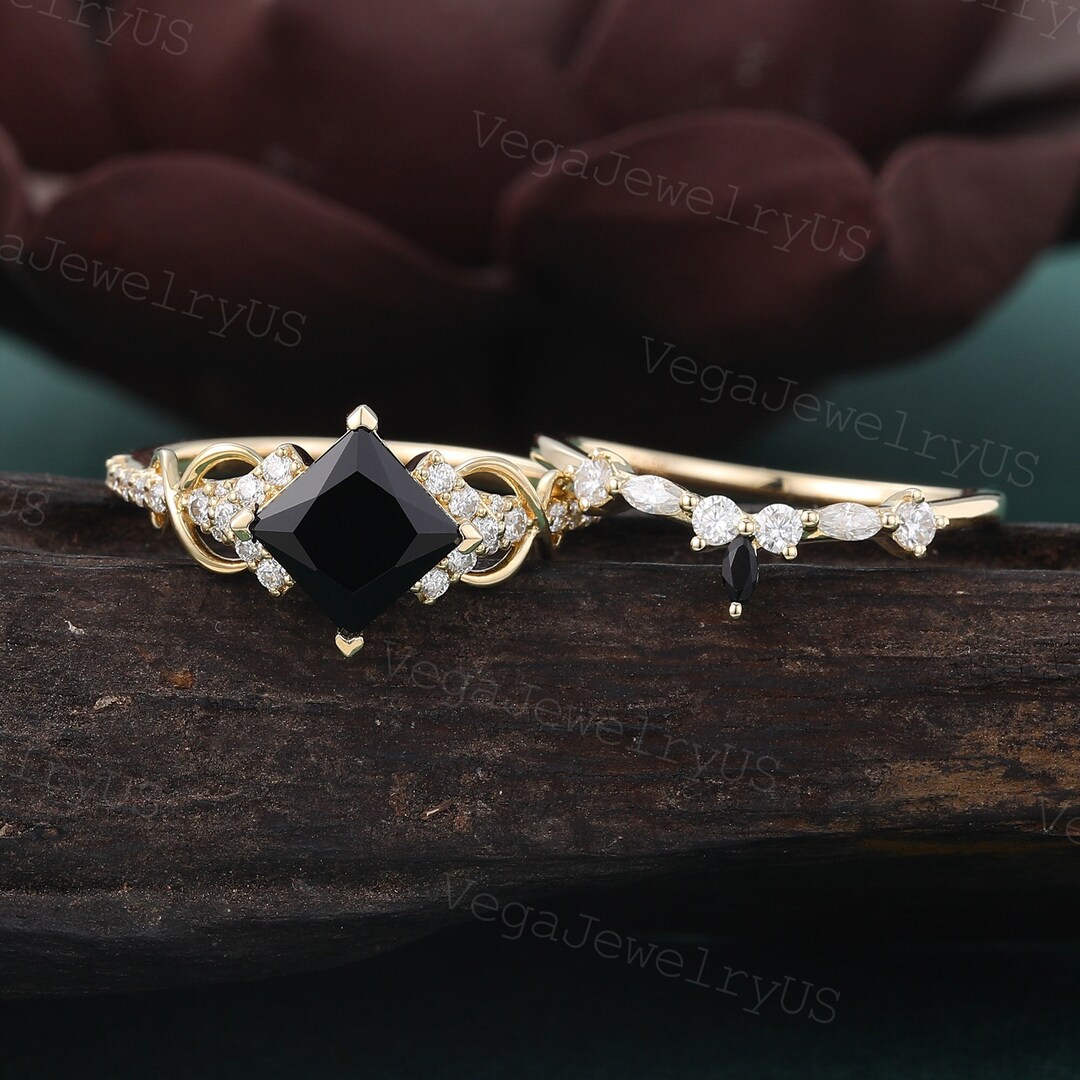 Princess Cut Black Onyx Engagement Ring Set Unique Yellow Gold Marquise ...