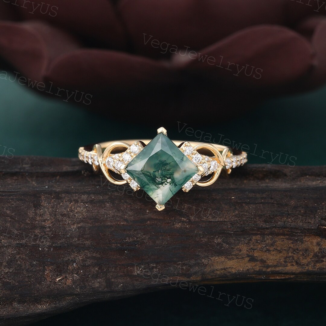 Princess Cut Moss Agate Engagement Ring Unique Yellow Gold Moissanite ...