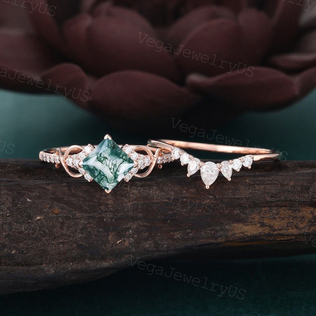 Princess Cut Moss Agate Engagement Ring Set Dainty Rose Gold Moissanite ...