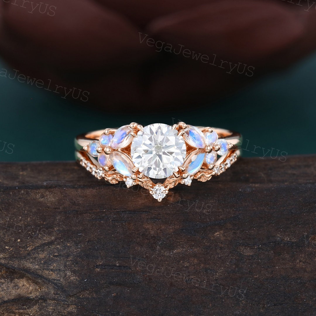 Vintage Moissanite Engagement Ring Set Danity Rose Gold Marquise ...