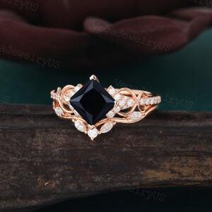 Princess Cut Black Onyx Ring Set Unique Rose Gold Engagement Ring Set ...