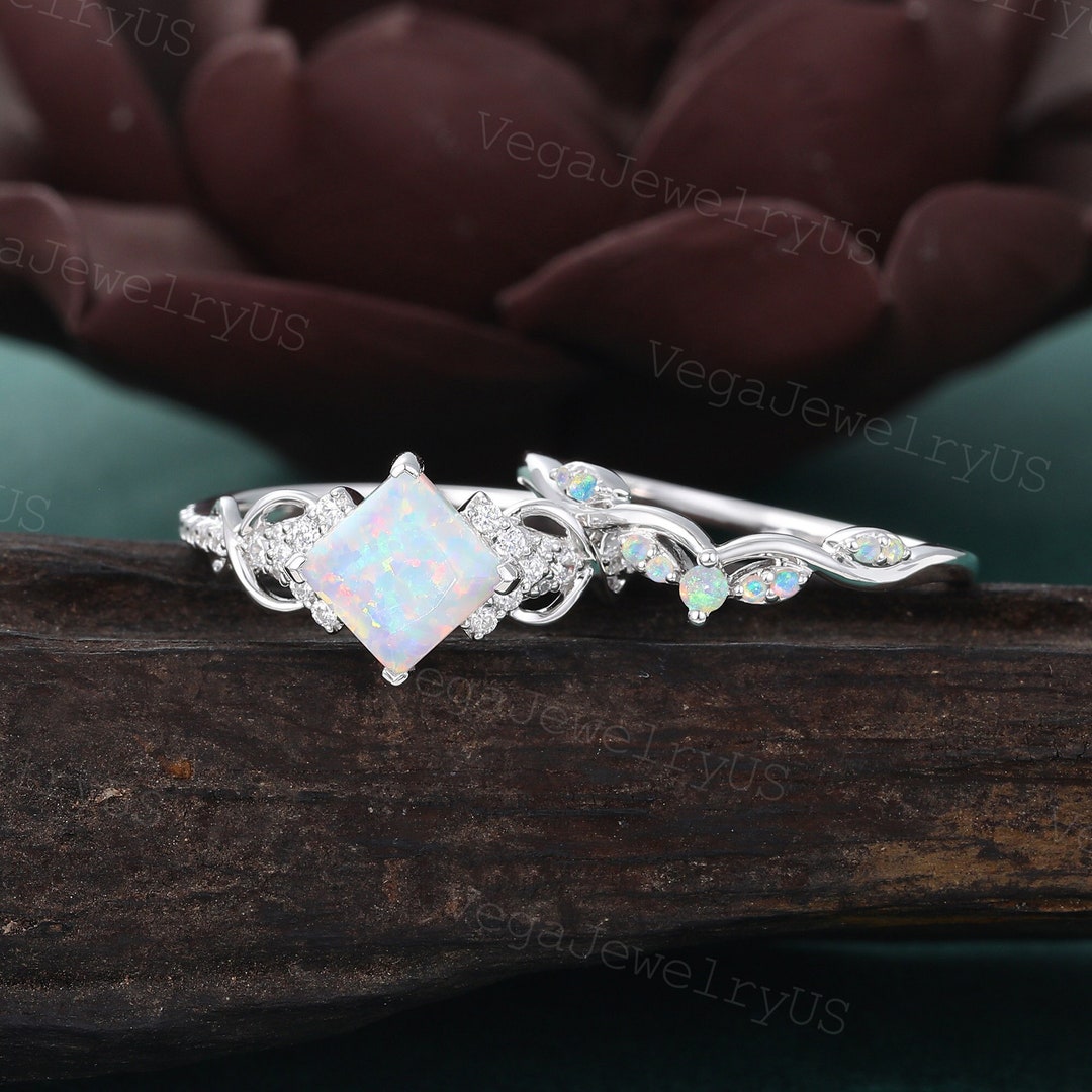 Princess Cut Opal Engagement Ring Set White Gold Opal Ring Set Dainty Women Moissanite Bridal ...