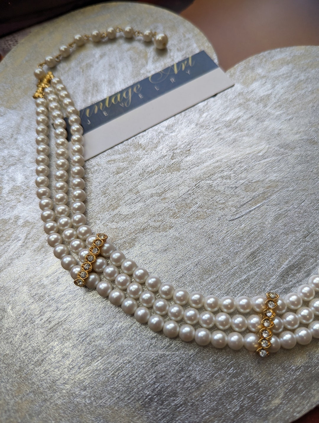Vintage Necklace Pearls and Crystal Stations 3 Strands Choker Bride ...