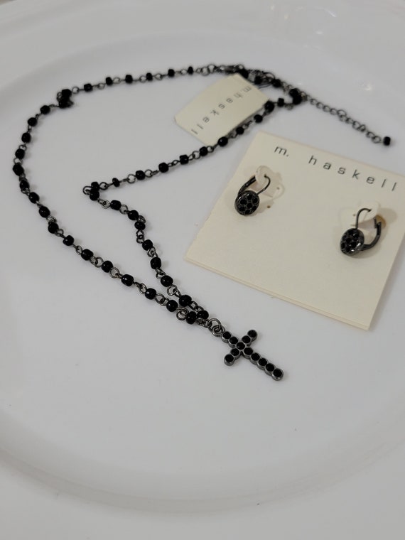 Miriam Haskell Cross Necklace Jet Glass and Earrings New Old | Etsy
