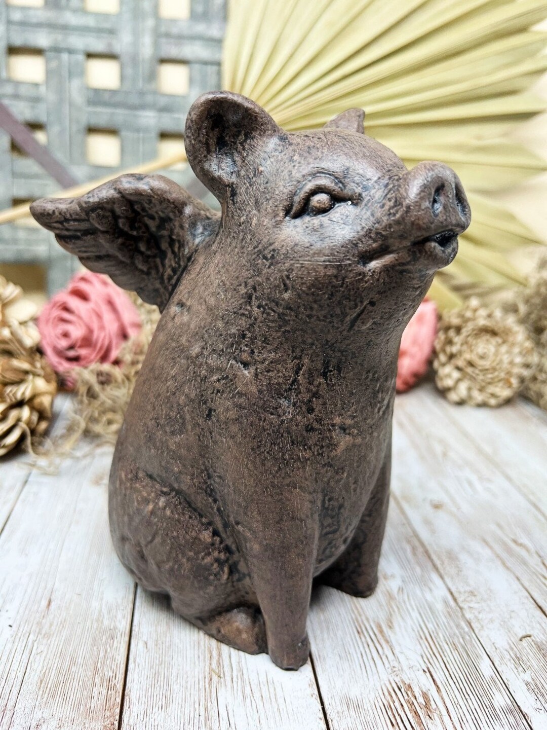 When Pigs Fly Statue, Pig With Angel Wings Statue, Rustic Brown Finish ...