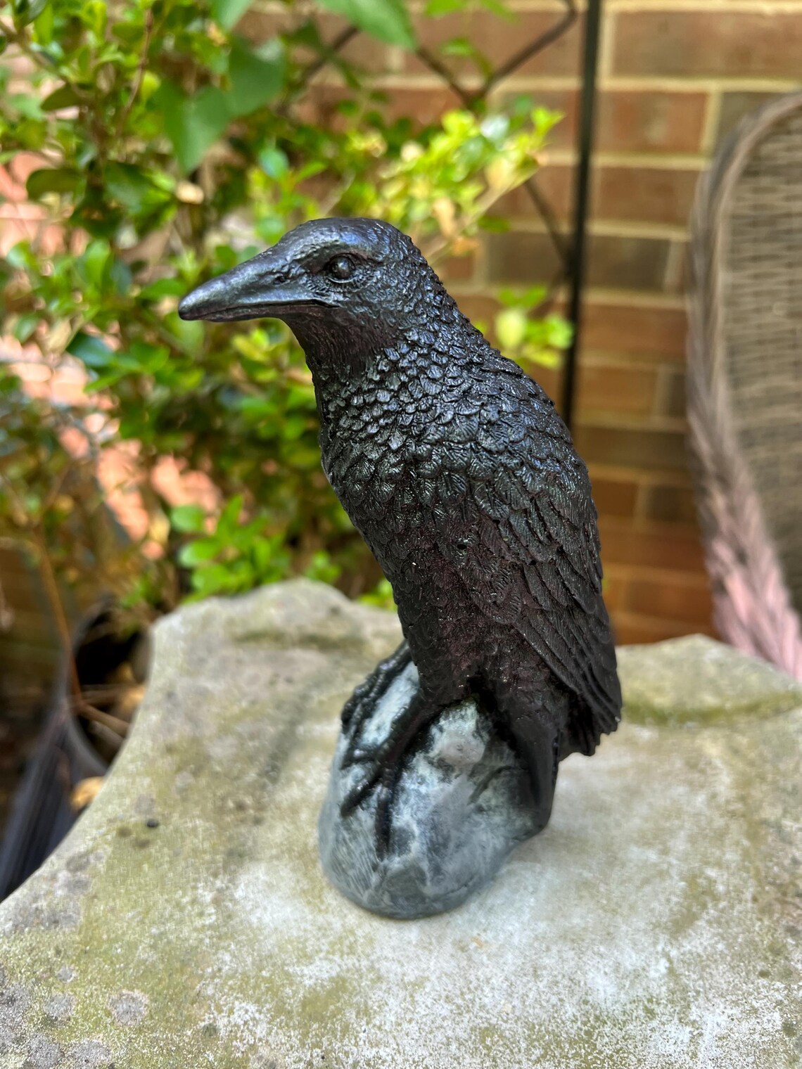 Raven on Rock Statue, Cast Stone Raven Statue, Raven on Stone Statue ...