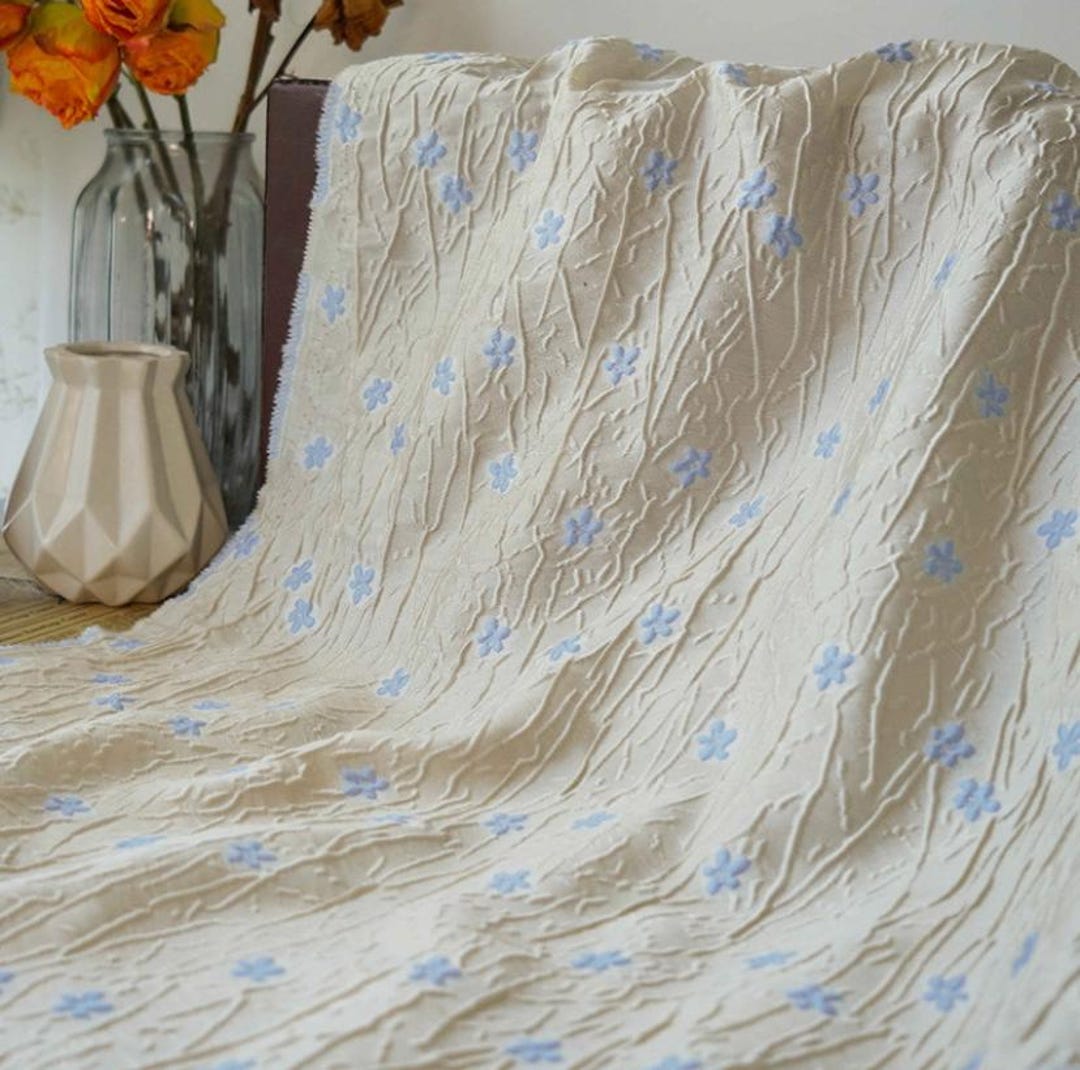 Cream White Blue Floral Jacquard Designer Brocade Embossed Fabric by ...