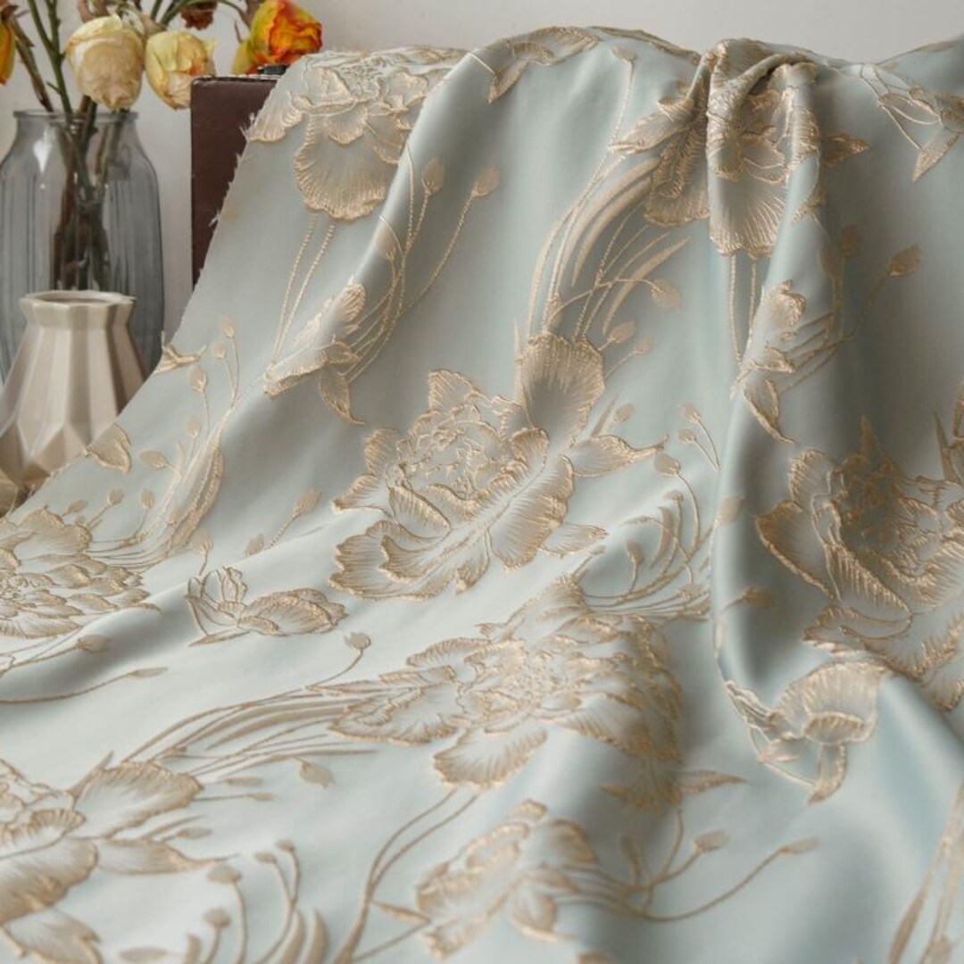 Light Blue Floral Embossed Jacquard Designer Brocade Fabric by Meter - Etsy